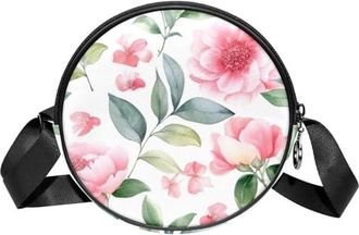 Generic Petit sac &agrave; bandouli&egrave;re circulaire pour femme, motif feuilles florales, sac &agrave; dos avec fermeture &eacute;clair, bretelles r&eacute;glables, sac &agrave; main rond d&eacute;contra