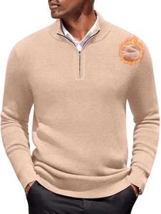 Coofandy Pull &agrave; Col Montagne et Fermeture &Eacute;clair Quart de Longueur pour Homme Pull Tricot&eacute; Doubl&eacute; Pullover dhiver Pulls Chauds pour Le Travail Kaki M