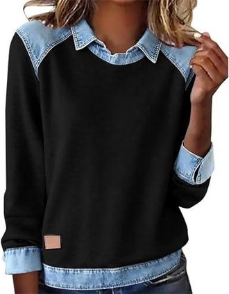 Generic Pull Femme Denim Patchwork Sweatshirt Femme Sans Capuche Manches Longues Col Revers Tee Tops Casual Mode T-shirt &agrave; Manches Longues Chemisier Contraste
