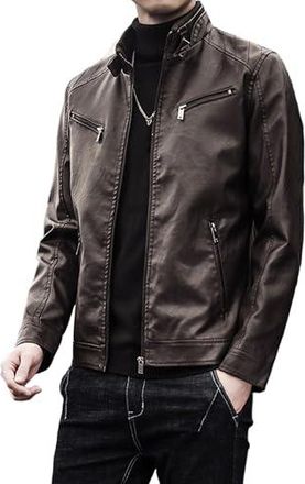Generic Veste en cuir pour homme, blouson de moto en similicuir coupe slim, couleur caf&eacute;, taille XXL