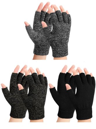 Satinior 3 Paar Winter Fingerlose Handschuhe Gestrickt Halbfinger Handschuhe f&uuml;r Herren Damen (Schwarz, Schwarzgrau, Schwarz Wei&szlig;)