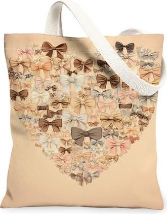 Generic Sacs fourre-tout &eacute;l&eacute;gants en toile avec noeuds, motif coeur, sacs d&eacute;picerie r&eacute;utilisables, l&eacute;gers et lavables avec bandouli&egrave;re Ca, beige, 13x15 Inch