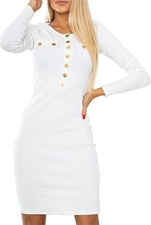 Generic Robe amincissante &agrave; manches longues et col rond - Couleur unie - Bouton tendance - Jupe courte d&eacute;contract&eacute;e, blanc, S