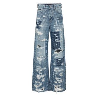 Philipp Plein Femme, Jeans, Bleu, Taille: W27 Pantalon en Denim Skater Fit Rang&eacute;e de Clous