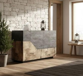 Dmora Kommode Ludovico, K&uuml;chen-Sideboard mit 2 T&uuml;ren und 3 Schubladen, Wohnzimmer-Buffet, 100 % Made in Italy, 141 x 43 x 86 cm, Schiefer und Ahorn