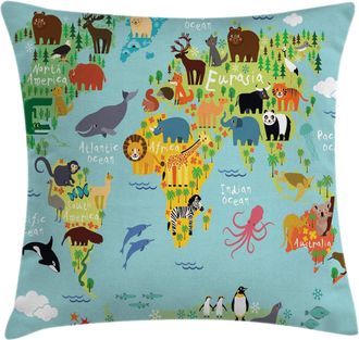 Abakuhaus Weltkarte Kissenbezug, Tier Karte der Welt, Kissenhülle mit Reißverschluss Waschbar Farbfest Beidseitiger Druck, 45 x 45 cm, Blassblau Gelb Grün