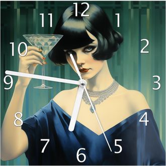 Wallario Design-Wanduhr Cocktailabend aus Glas, Motiv-Uhr Größe 20 x 20 cm, weiße Zeiger