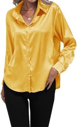 Generic Chemisier en satin élégant à manches longues pour femme - Tunique de travail décontractée - Tunique de travail boutonnée pour lautomne, jaune, M