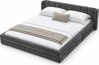 STILVORA Cama Doble 140 X 200 Cm De Chenilla, Cabecero Acolchado, Sin Colch&oacute;n, Gris Oscuro