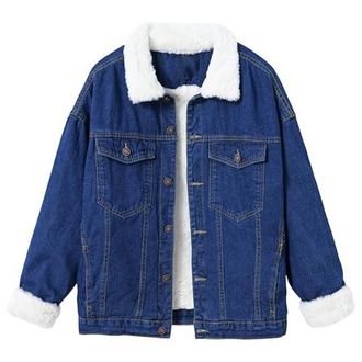 Generic Veste chaude en jean Sherpa pour femme avec col crant&eacute; et manches longues, noir fonc&eacute;, XXL