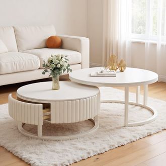 Generic Elegantes rundes Couchtisch-Set - 2-teiliges modernes wei&szlig;es Satztischset mit Aufbewahrungsschublade for das Wohnzimmer