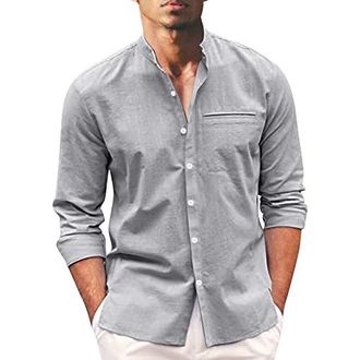 Generic Chemise de plage en lin blanc &agrave; manches longues pour homme - Chemise boutonn&eacute;e grande taille - Chemise blanche en coton pour homme - T-shirt en coton 