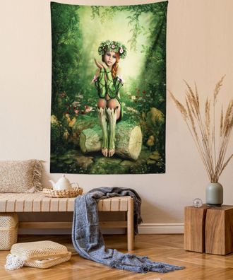 Abakuhaus Fee Wandteppich, Elf M&auml;dchen mit Kranz Baum aus Weiches Mikrofaser Stoff Waschbar ohne Verblassen Digitaldruck, 110 x 150 cm, Gr&uuml;n Beige Rosa