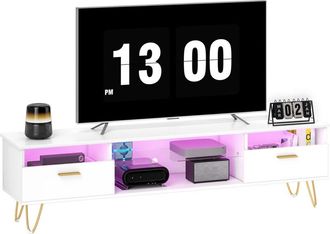 HOMCOM Meuble TV - HOMCOM - LED RGB de 16 couleurs - 2 tiroirs et &eacute;tag&egrave;re ouverte - MDF - 160x35x42cm - blanc