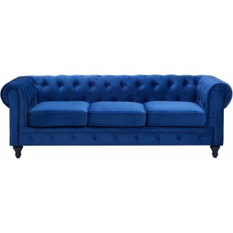 Beliani 3-Sitzer Sofa Marineblau Samtstoff mit Dicken Sitzkissen Holzbeinen Armlehnen Chesterfield Stil Knopfheftung Glamour&ouml;s Wohnzimmer Ausstattung