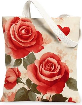 Generic Sac fourre-tout en toile pour la Saint-Valentin - 33 x 38 cm - Motif floral romantique - R&eacute;utilisable - Pour femme - D&eacute;coration de vacances - Esth&eacute;tiq