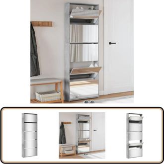 vidaXL Vidaxl - Schuhschrank mit Spiegel 5 Fächer Betongrau 63x17x169,5 cm - Schuhschrank - Schuhregal - Beton Grau - Garderobe - Einbauschrank