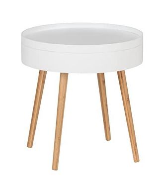 WENKO Table dappoint ronde avec rangement, bout de canap&eacute; rond avec tiroir, petite table de chevet &eacute;troite, table de rangement, pied bambou, MDF blanc, &Oslash; 49