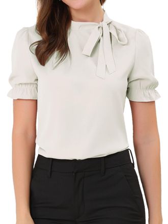 Allegra K Damen 50er Jahre Bluse mit Schleife Schluppenbluse Festliche Blusen Kurzarm Panel Fliege Hals R&uuml;schen Elegant Top Aprikose wei&szlig; S