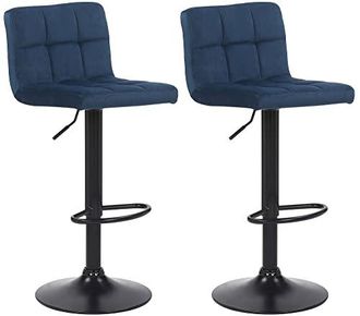 Clp Lot De 2 Tabourets De Bar Feni en Velours I Assise Rembourrée I Piètement Métal Noir I Repose-Pieds I Pivotant I Hauteur Réglable, Couleur:Bleu