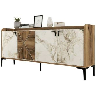 Dmora Konsolentisch Deneb, Ausziehbarer Mehrzwecktisch, Eingangskonsole, Regal mit Erweiterungen, 180x35h78 cm, Nussbaum und Wei&szlig;er Marmor, mit verst&auml;rkter
