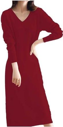 Generic Robe De Fete Femme - Ensemble Longue Robe en Tricot de Laine pour Femme avec Col V et Manches Longues Style Fran&ccedil;ais D&eacute;contract&eacute; pour Saison Automne H