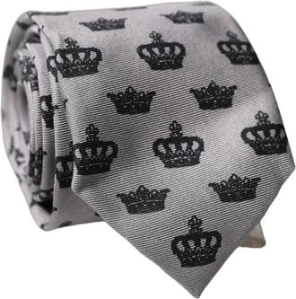 Dolce & Gabbana Homme, Accessoires, Gris, Taille: ONE Size Cravate en Soie Ajustable Crown Fantasy