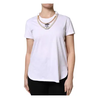 Dolce & Gabbana Wei&szlig;es Baumwoll-T-Shirt mit Perlenkette - - Tops - Damen - Wei&szlig; - M