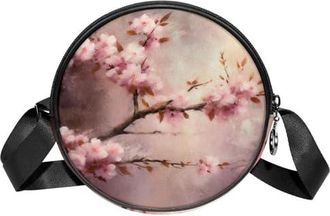 Generic Petit sac &agrave; bandouli&egrave;re rond pour femme, motif fleurs de cerisier avec fermeture &eacute;clair, bretelles r&eacute;glables, sac &agrave; main rond d&eacute;contract&eacute; pour femmes 