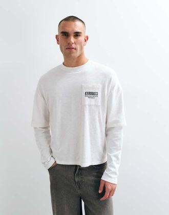 Cernucci t-shirt &agrave; manches longues en slub avec poche et logo blanc