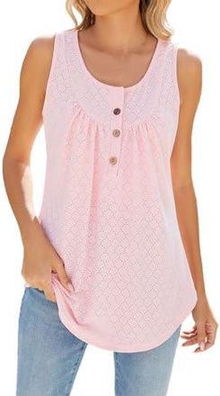 Generic Haut dété pour femme, sans manches, couleur unie, t-shirt ample boutonné long pour entraînement, rose, XL