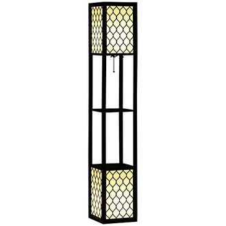 HOMCOM Lampadaire &eacute;tag&egrave;re, 2 lampes, lampe de salon sur pied avec douille E27, 2 &eacute;tag&egrave;res 4 niveaux, motif nid dabeille, lampadaire salon, abat-jour en teryl