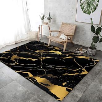 Generic Tapis pour Salon Marbre Luxueux en Or Noir Noir Tapis Lavables avec Dos Antidérapant, Tapis à Poils Courts pour Cuisine Salle à Manger Bureau et Chamb