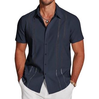 Generic Chemise pour homme Cuba Guayabera exquise brod&eacute;e boutonn&eacute;e sur le devant, chemise d&eacute;contract&eacute;e d&eacute;t&eacute; pour la plage, le camping, bleu marine, 3XL