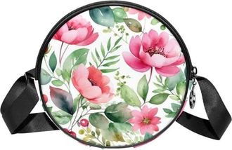 Generic Petit sac &agrave; bandouli&egrave;re circulaire pour femme, motif feuilles florales, sac &agrave; dos avec fermeture &eacute;clair, bretelles r&eacute;glables, sac &agrave; main rond d&eacute;contra