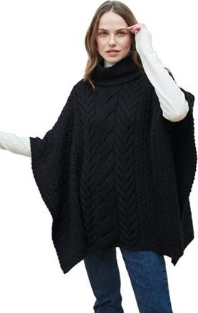 Aran Woollen Mills Poncho en laine m&eacute;rinos super doux avec col en cascade pour femme, Noir, taille unique