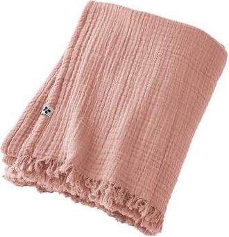 Altobuy OUREA - Plaid à Franges 130x160cm 4 Epaisseurs Gaze de Coton Rose Pêche