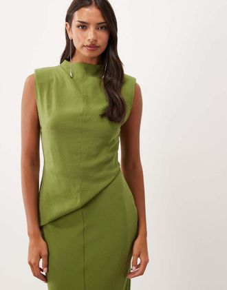 Asos Maxikleid in S&auml;ulenform mit Schulterpolstern und Cut-out an der Seite in Olivgr&uuml;n