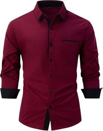 Generic Chemise habill&eacute;e pour homme, coupe ajust&eacute;e, col basculant, t-shirt &agrave; manches longues avec poche de poitrine, t-shirt d&eacute;contract&eacute;, couleur unie, cardig