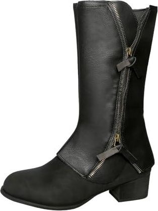 Generic Bottes Mi-Mollet pour Femme Talon Bloc Bout Rond en Simili Cuir R&eacute;tro Tendances Bottes De Cowboy avec Fermeture &Eacute;clair Chaussures Femme D&eacute;contract&eacute;e A
