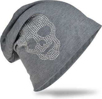 Miobo Slouch Beanie M&uuml;tze, Long, Totenkopf Motiv, Herren Damen,StrassTK-Dunkelgrau