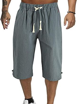 Minetom Homme Été Pantalon en Lin Lâche Capri Shorts Bermudas 3/4 Pantacourt Baggy Cargo Pants Large Cordon de Serrage B Vert XL
