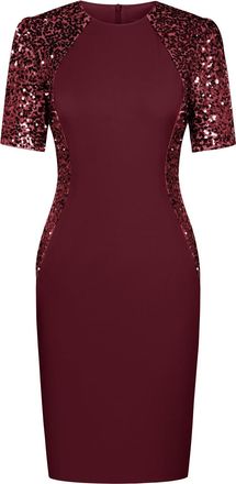 Grace Karin Damen Paillettenkleid Elegant, Rundhals Bodycon Glitzer Kleid Damen, Abend Party Rokabilly Kleider Festliche Weinrot XXL