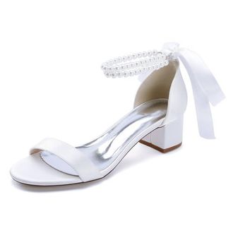 Generic Chaussures Mariage Femme Talon Bloc Bout Ouvert Talons Bas Sandales Mode &Eacute;t&eacute; Satin Mari&eacute;e Dress F&ecirc;te Hauts 4.5Cm,Blanc,42 EU