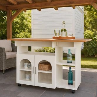 Urban Meuble Tables dext&eacute;rieur &icirc;lot de cuisine mobile blanc avec plateau pliant et vitrine NUQNOIDS
