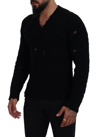 Dolce & Gabbana Mens Wool V-Neck Knit Sweater Black Nylon