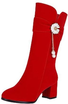 Generic Rouge,36 EU,Bottes Hautes en Daim pour Femmes, Bout Rond, Talon Bas épais, Bottes Longues à Chute avec Perles, Chaussures de mariée à Fermeture éclair