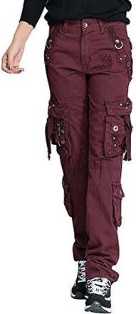 OCHENTA Femme Pantalon De Travail Combat Cargo Plusieurs Poches Bordeaux W30