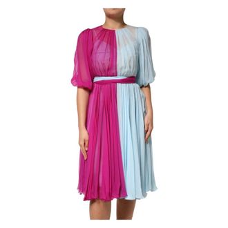Dolce & Gabbana Fuchsia Hellblaues Seiden Midi Kleid - - Dresses - Damen - Mehrfarbig - L