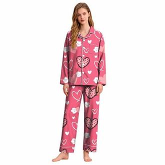 Generic Ensemble de pyjama 2 pi&egrave;ces pour femme avec imprim&eacute; coeur mignon, v&ecirc;tements de nuit en satin de soie, v&ecirc;tements de nuit &agrave; manches longues, hauts et pa